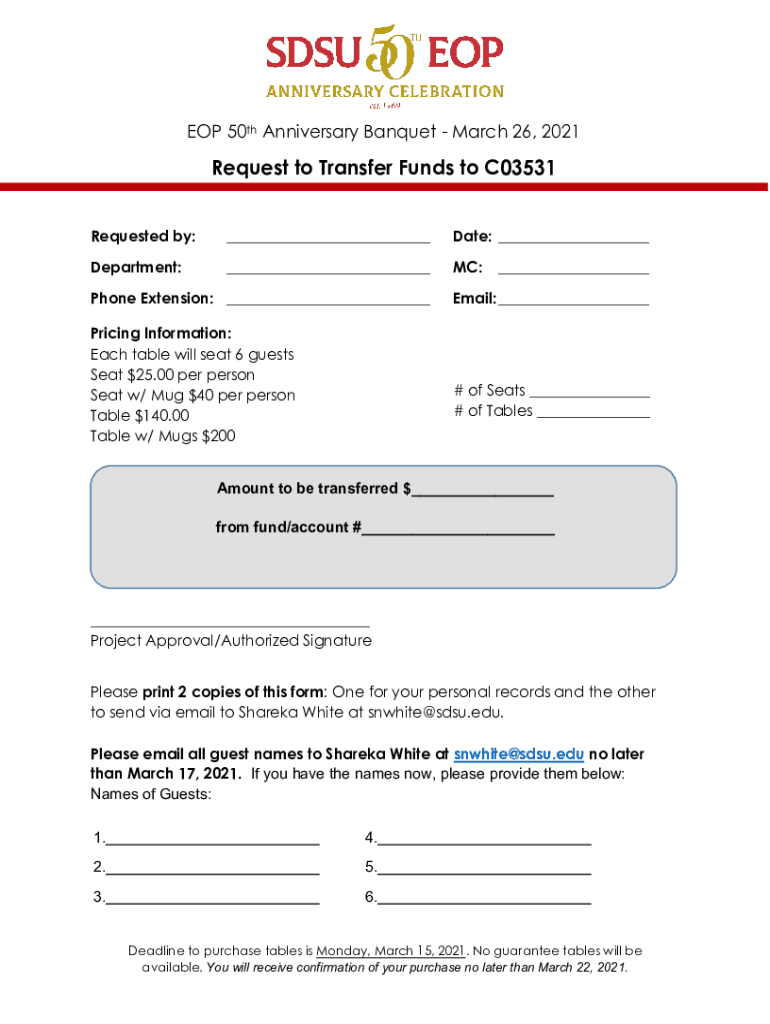 Fillable Online SDSU EOP's 50th Anniversary Banquet Fax Email Print - pdfFiller