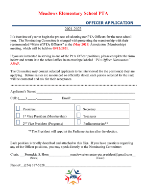 Fillable Online Meadows Elementary School PTA - Officer Application Fax ...