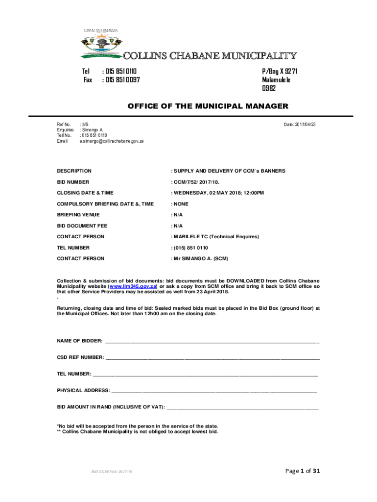 Fillable Online bid enquiries - Collins Chabane Municipality Fax Email ...