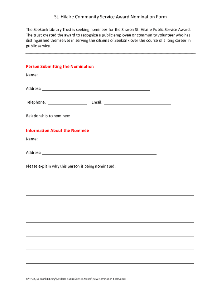 Fillable Online St. Hilaire Community Service Award Nomination Form Fax Email Print - pdfFiller