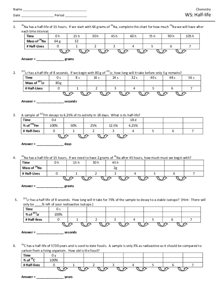 Fillable Online Half life ws SS-2 - Half-life Practice Worksheet 1 ...
