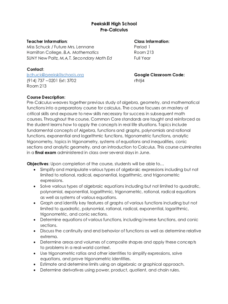 Fillable Online Peekskill High School Pre-Calculus Fax Email Print ...