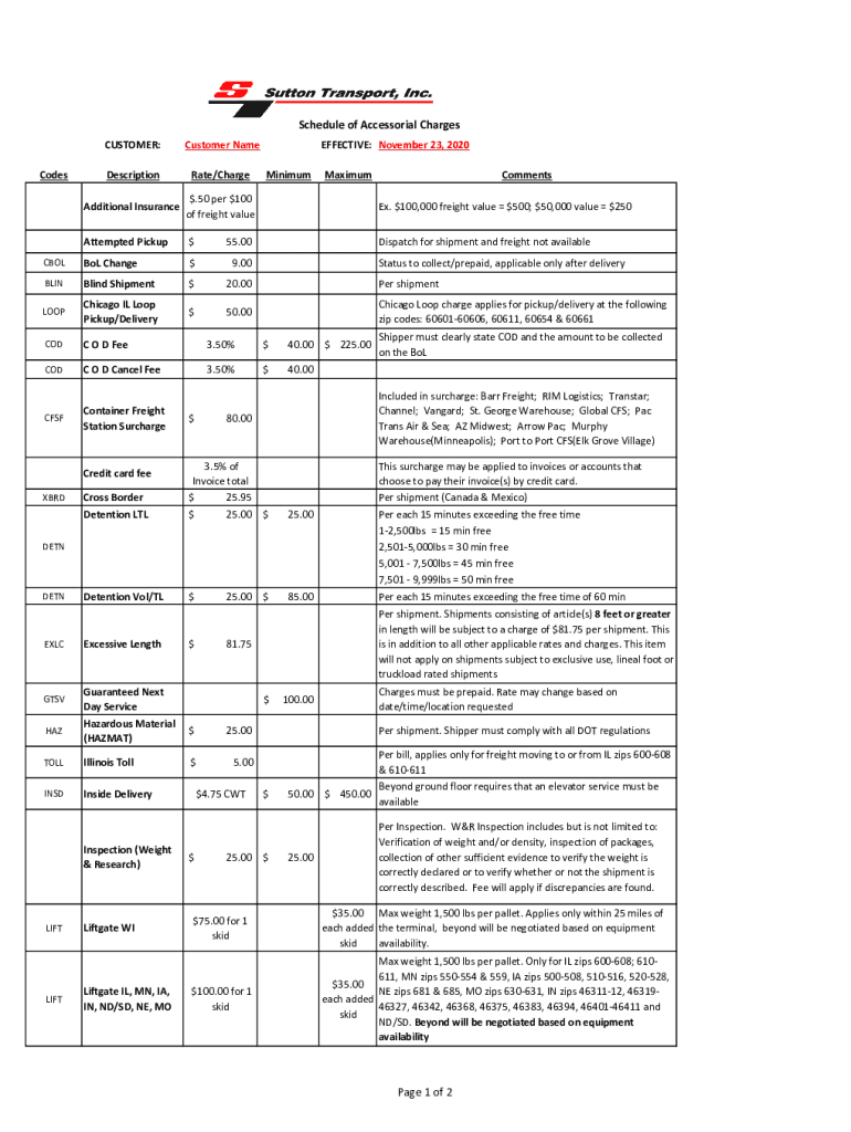 Fillable Online Schedule of Accessorial Charges Page 1 of 2 Fax Email ...
