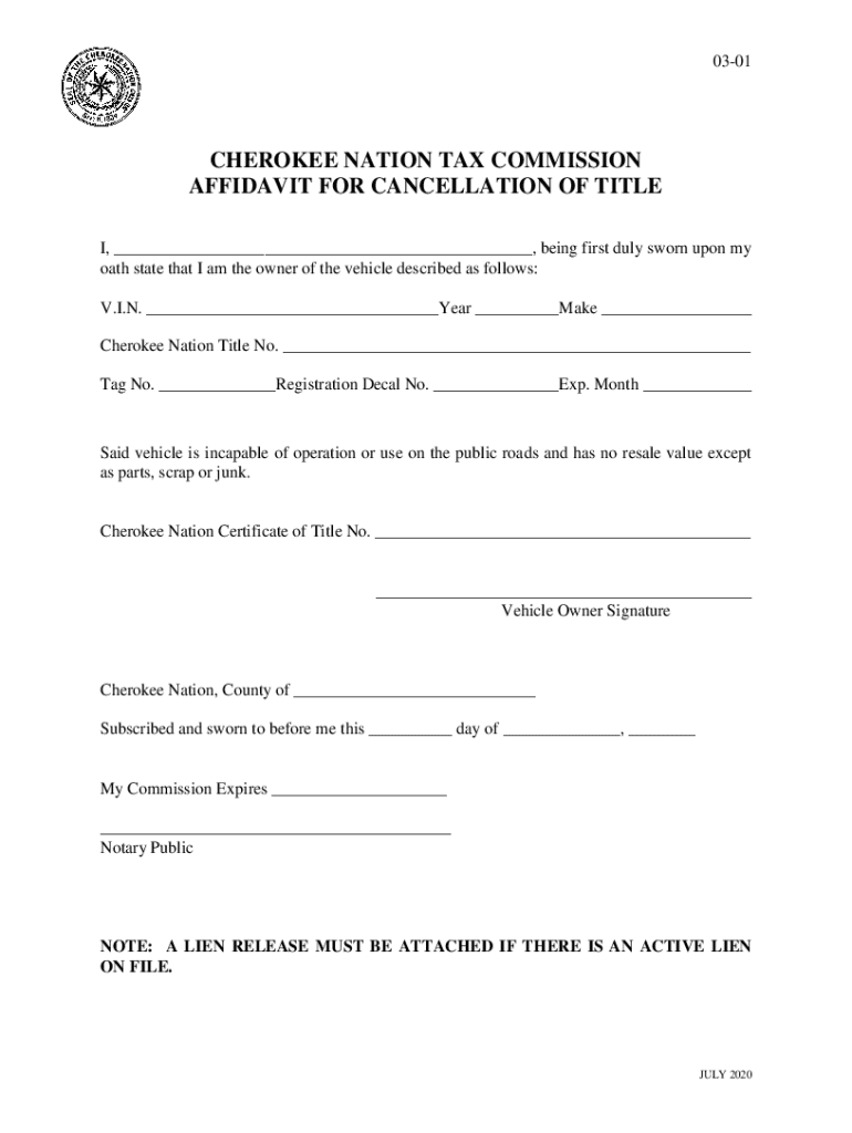 Fillable Online cherokee nation tax commission body change affidavit ...
