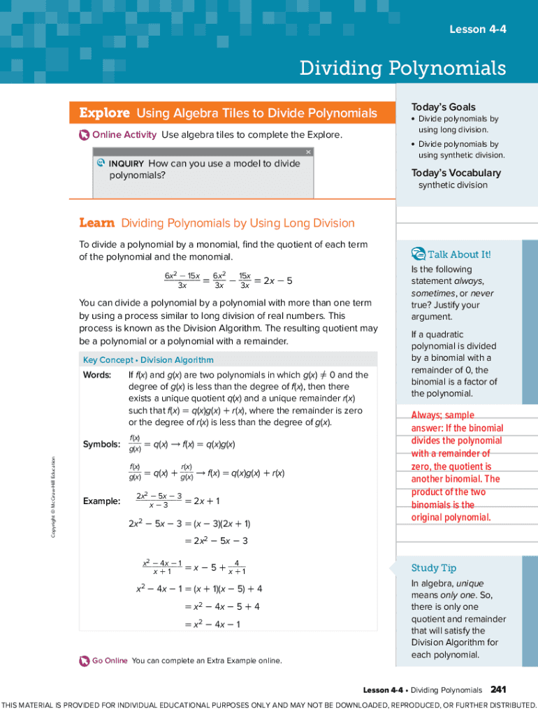 Fillable Online Dividing polynomials with and without algebra tiles ...