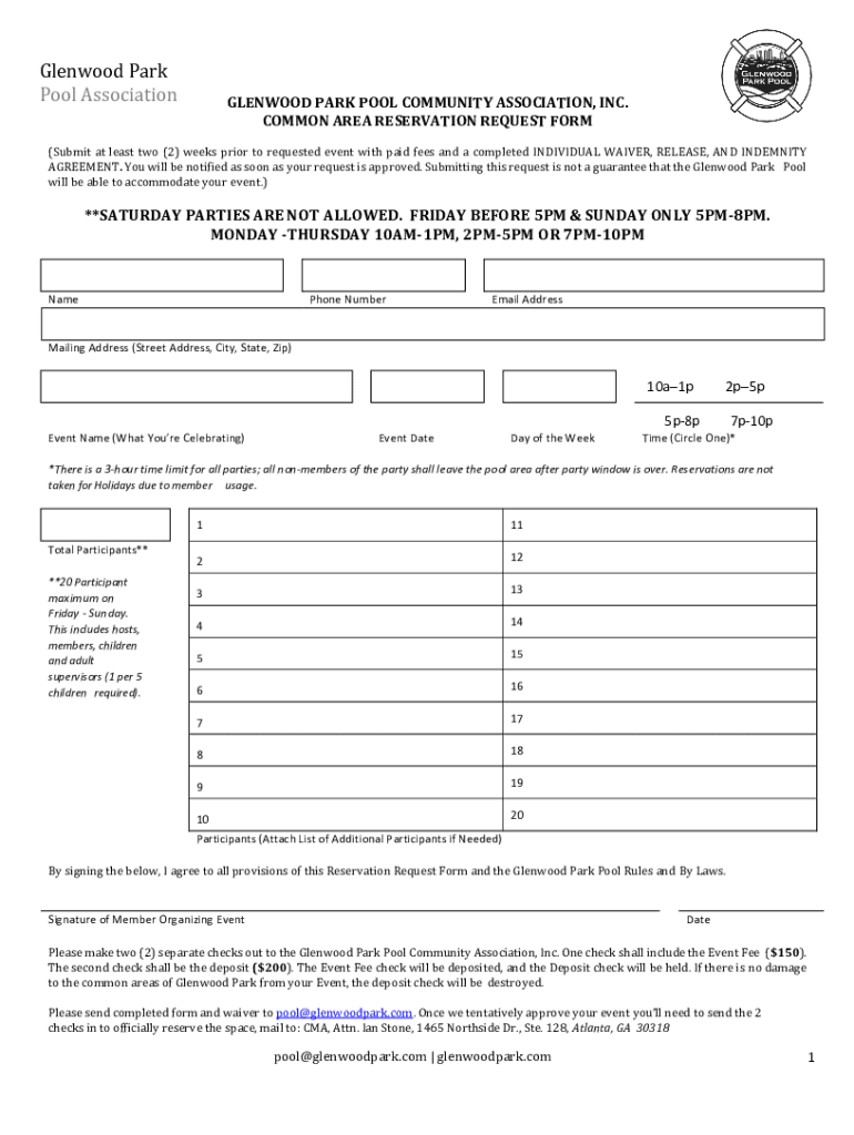 Fillable Online Indoor Clubhouse Reservation Form Fax Email Print ...