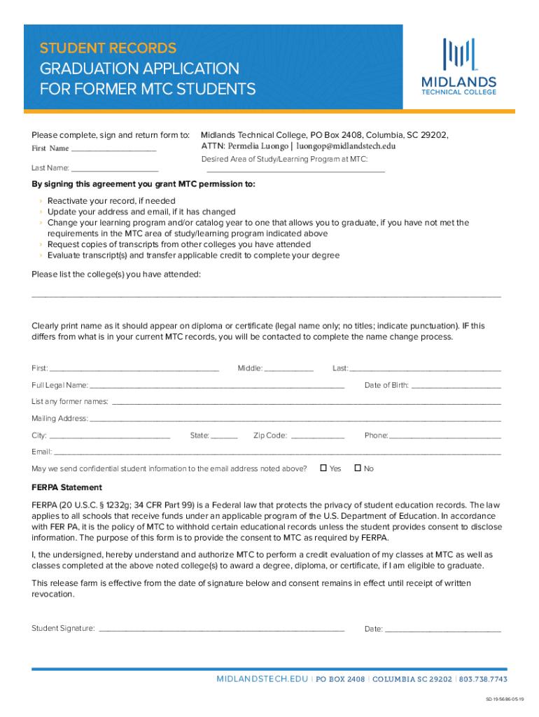 Fillable Online GRADUATION APPLICATION FOR FORMER MTC STUDENTS Fax ...