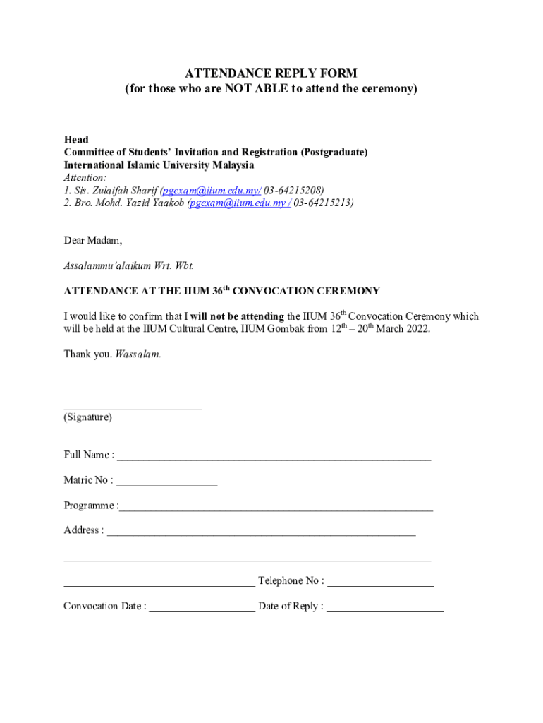 Fillable Online ATTENDANCE REPLY FORM (for those who are NOT ABLE ... Fax Email Print - pdfFiller