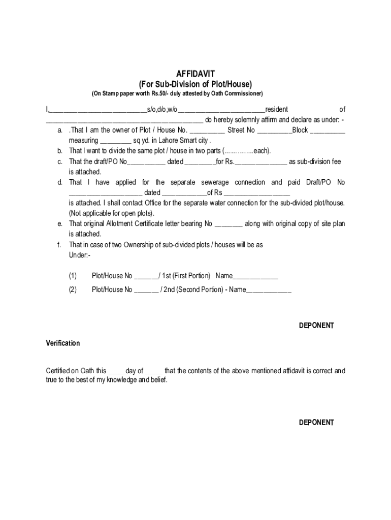 Fillable Online SUB-DIVISION OF PLOT / HOUSE AFFIDAVIT - Estate Legends ...