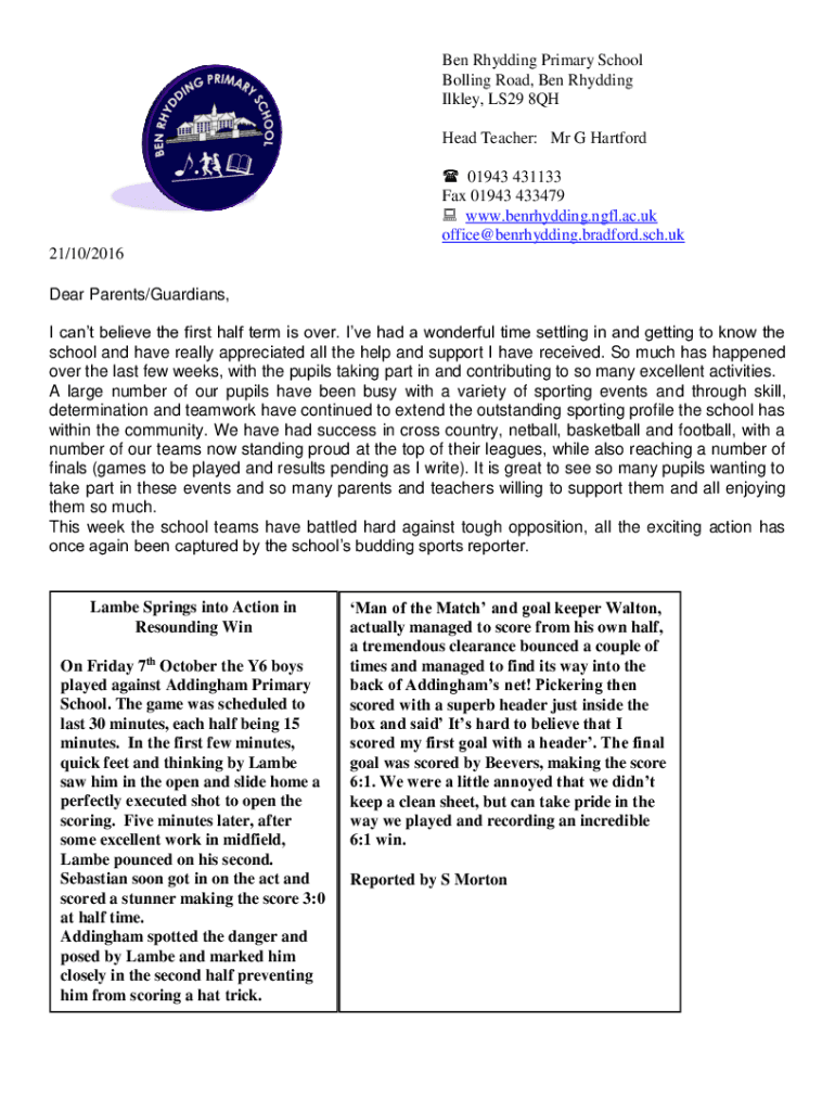 Fillable Online Ben Rhydding Primary School Bolling Road, Ben Rhydding ...