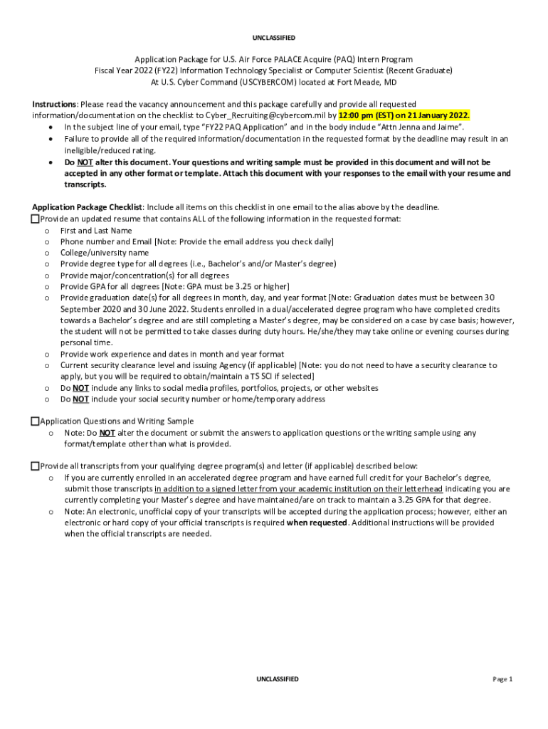 Fillable Online Application Package for U.S. Air Force PALACE Acquire ...