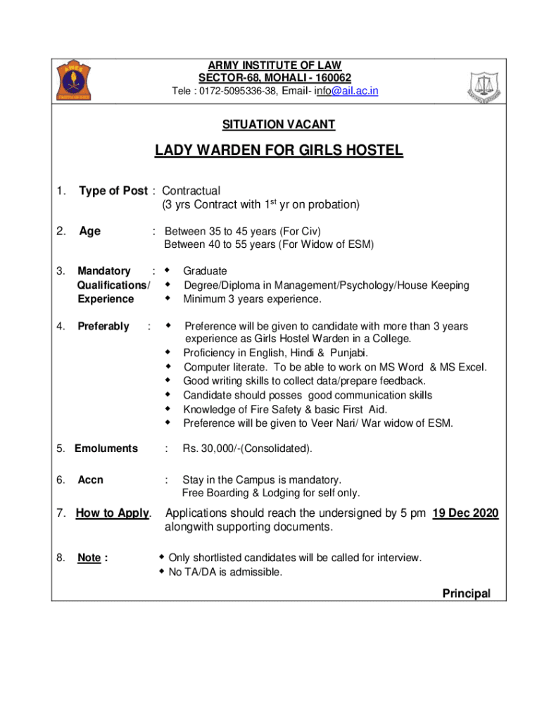 Fillable Online LADY WARDEN FOR GIRLS HOSTEL - Army Institute of Law ...