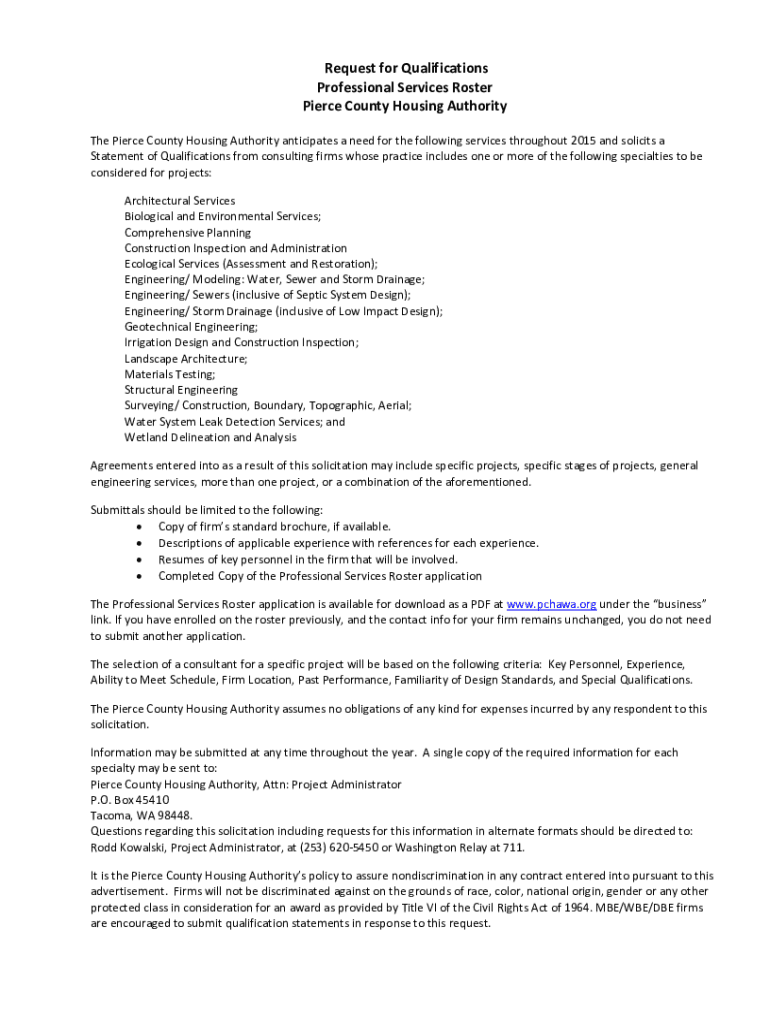 Fillable Online Request for Qualifications Professional Services Roster Pierce ... Fax Email ...