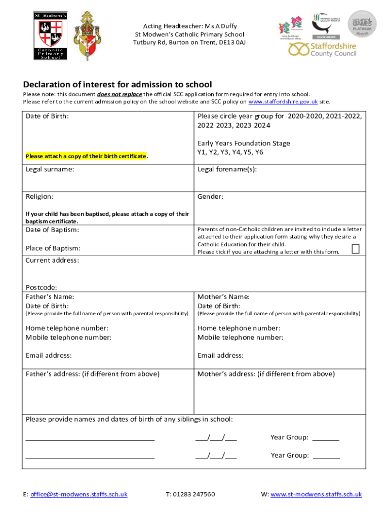 Fillable Online Declaration of interest for admission to school Fax ...