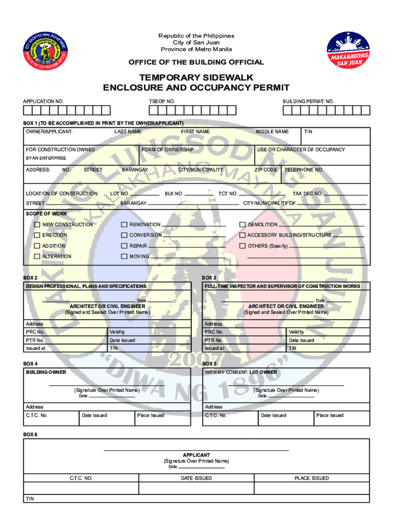 Fillable Online permit - temporary sidewalk enclosure and occupancy permit Fax Email Print ...