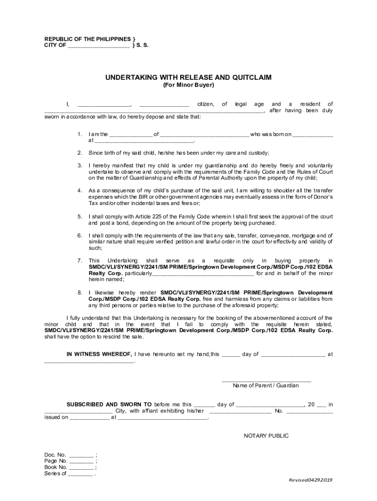 Fillable Online UNDERTAKING WITH RELEASE AND QUITCLAIM Fax Email Print - pdfFiller