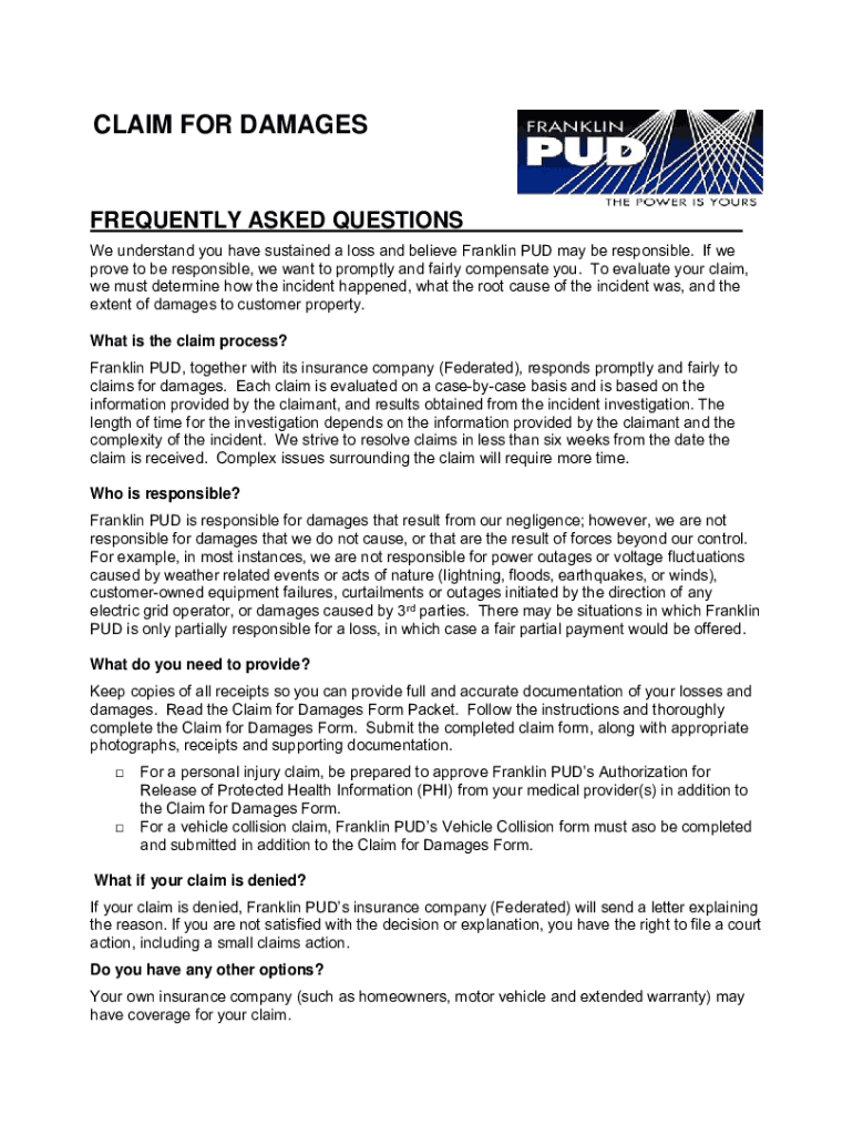 Fillable Online Franklin PUD - CLAIM FOR DAMAGES FORM PACKET Fax Email ...