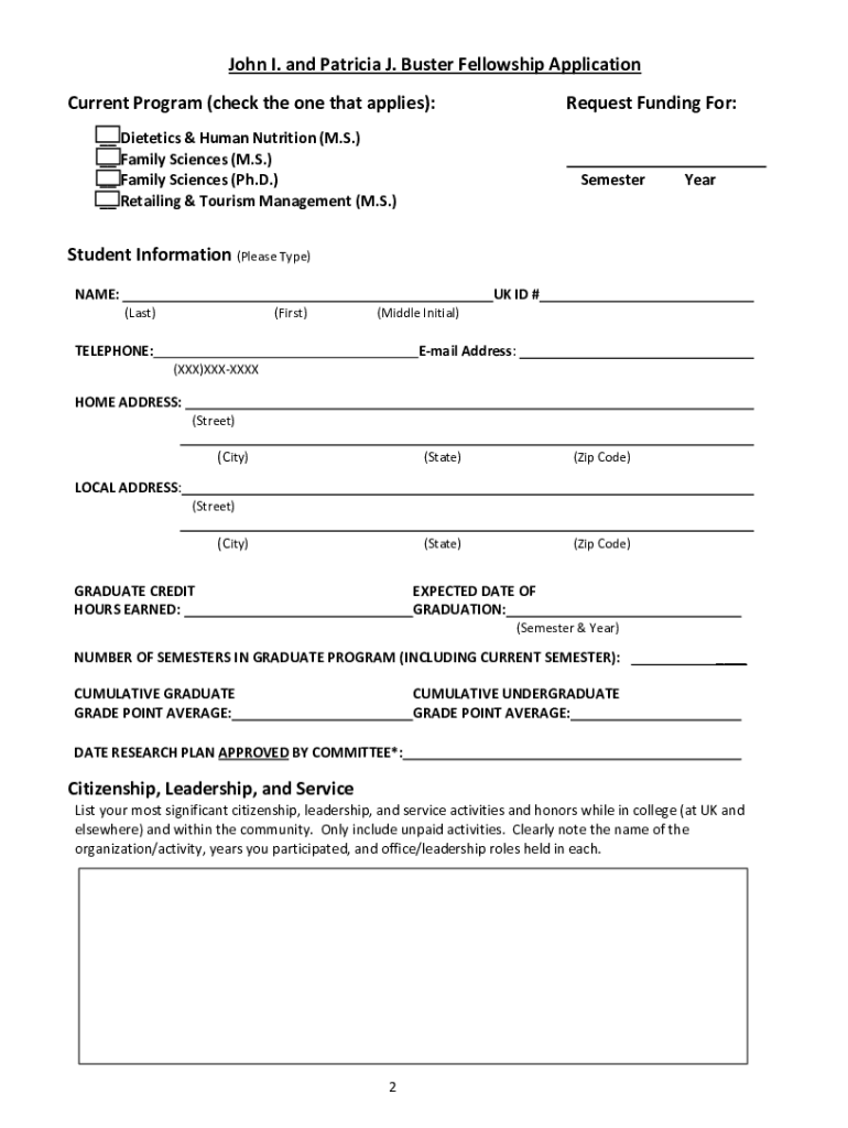 Fillable Online hes ca uky John I. and Patricia Buster Fellowship Application Fax Email Print ...