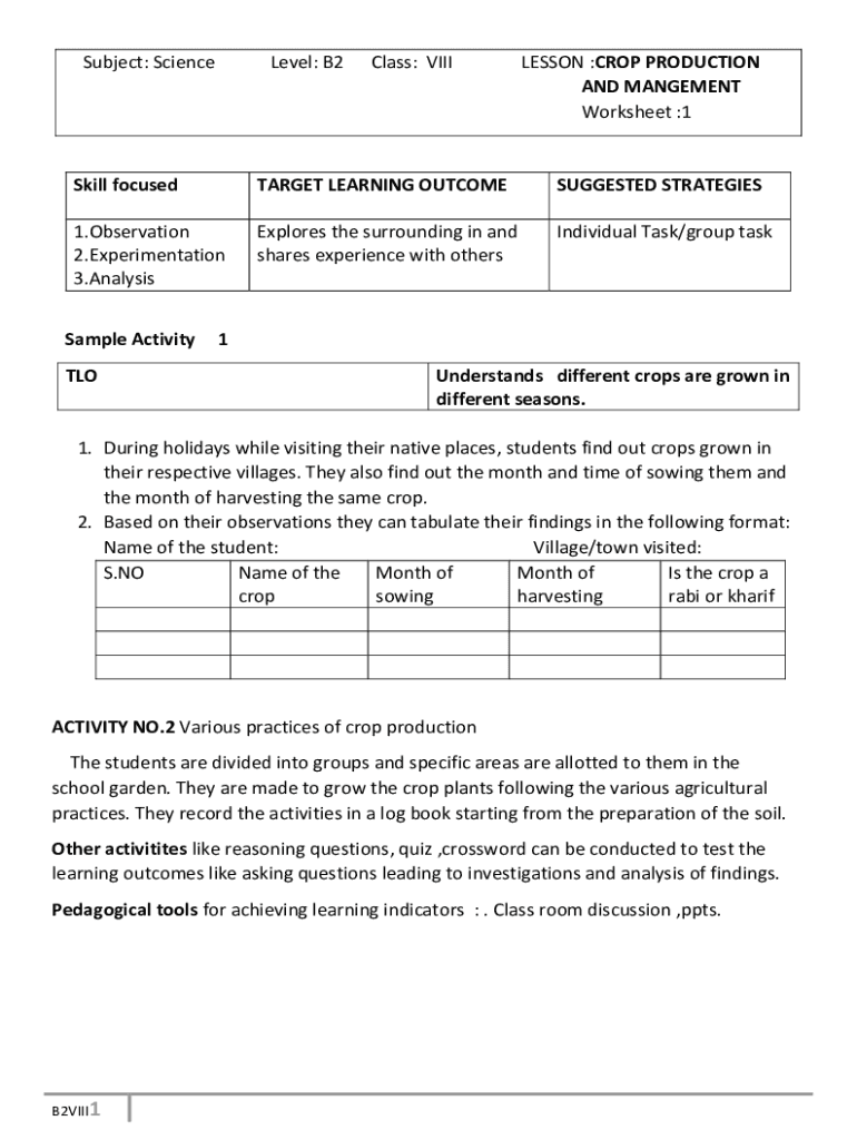 Fillable Online Subject: Science Level: B2 Class: VIII LESSON :CROP ... Fax Email Print - pdfFiller