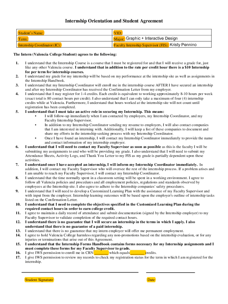 Fillable Online Internship Orientation and Student Agreement Fax Email ...