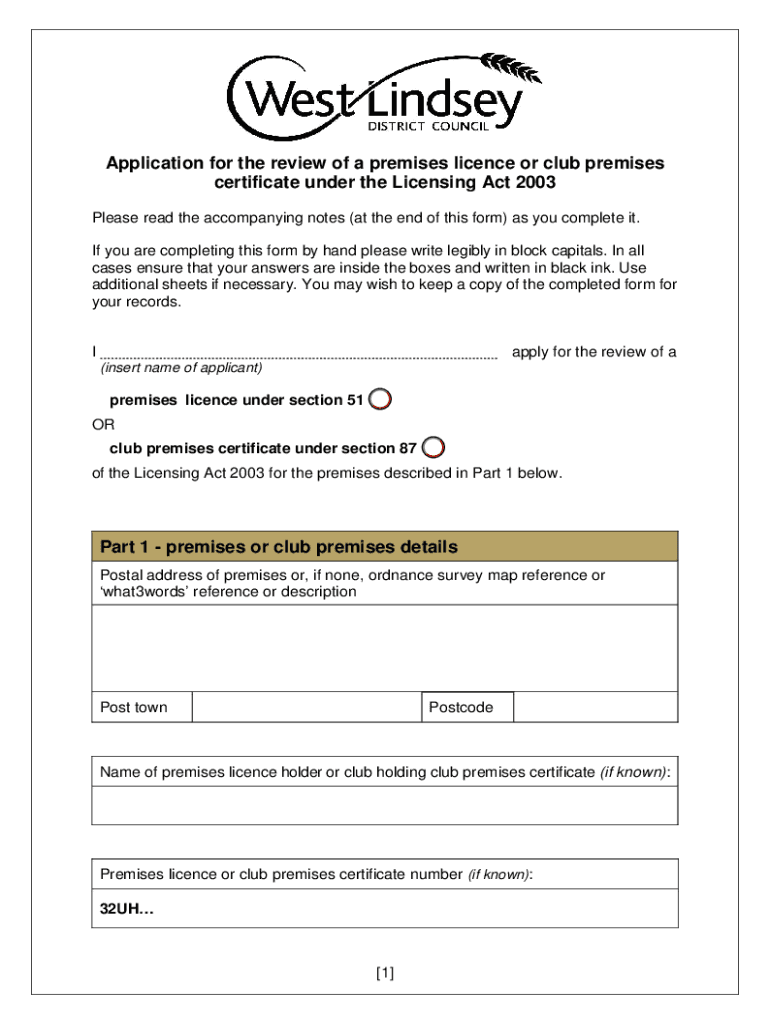 Fillable Online Application for the review of a premises licence or club premises certificate ...