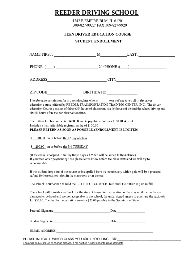 Fillable Online Reeder Driving School - Fill Online, Printable ...
