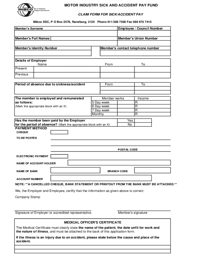 Fillable Online motor industry sick, accident and maternity pay fund ...