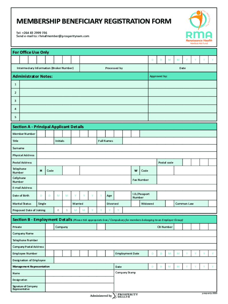 Fillable Online MEMBERSHIP BENEFICIARY REGISTRATION FORM Fax Email ...