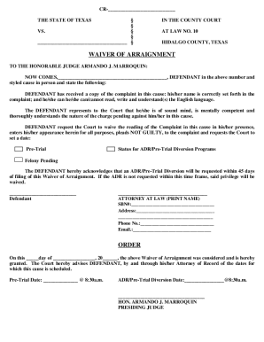 Fillable Online WAIVER OF ARRAIGNMENT ORDER Fax Email Print - pdfFiller