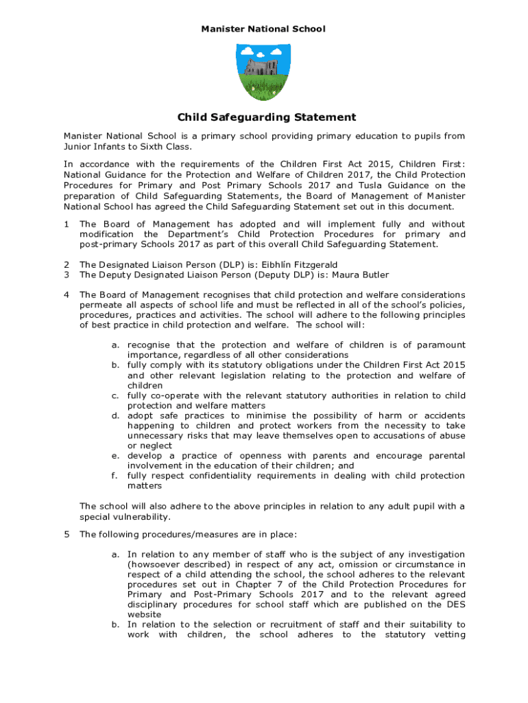 Fillable Online Child Safeguarding Statement - Manister National School ...