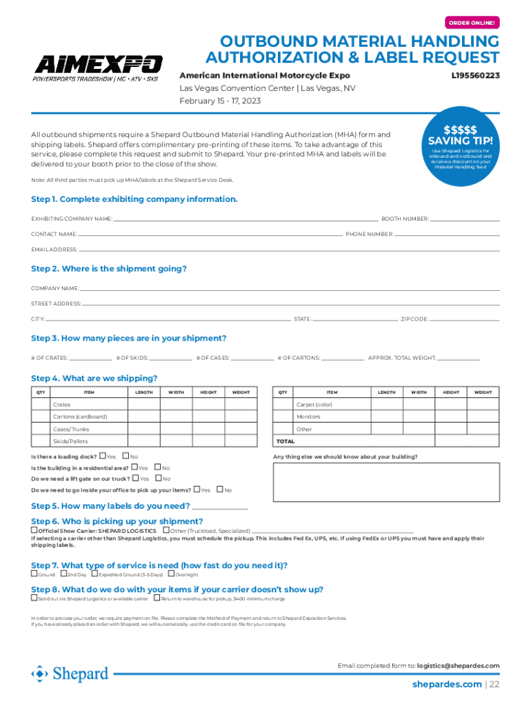 Fillable Online OUTBOUND MATERIAL HANDLING AUTHORIZATION ... Fax Email ...
