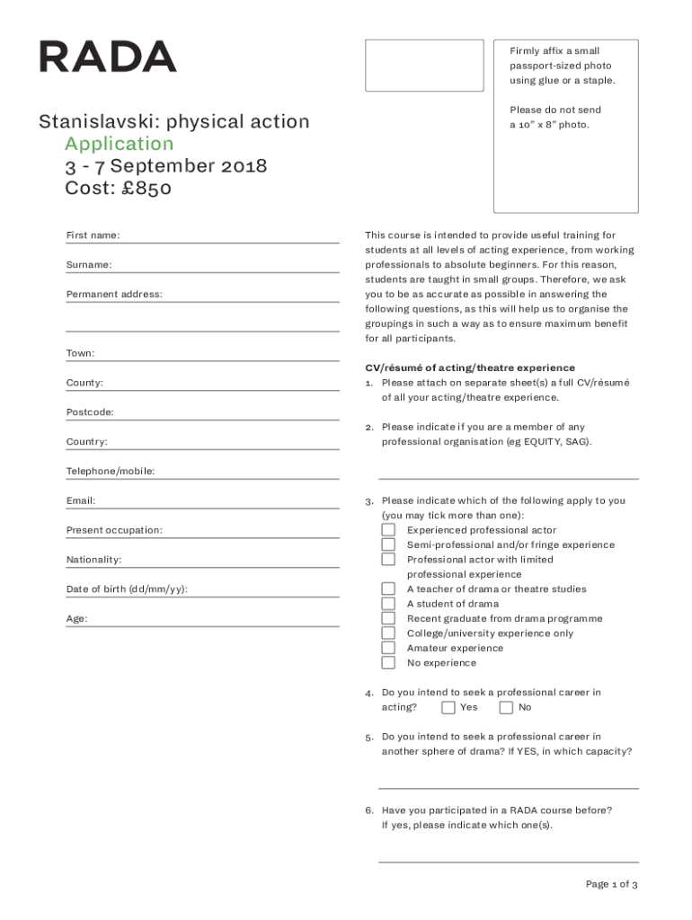 Fillable Online Stanislavski: physical action Application 3 - London ...