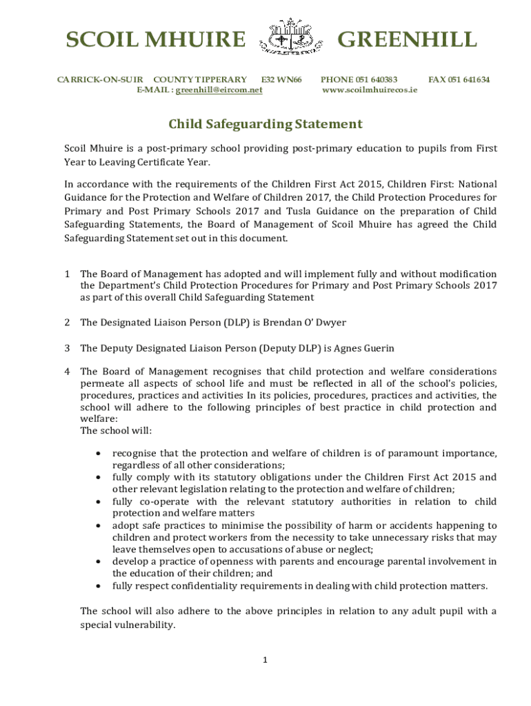 Fillable Online Child Safeguarding Statement - Scoil Mhuire Greenhill ...