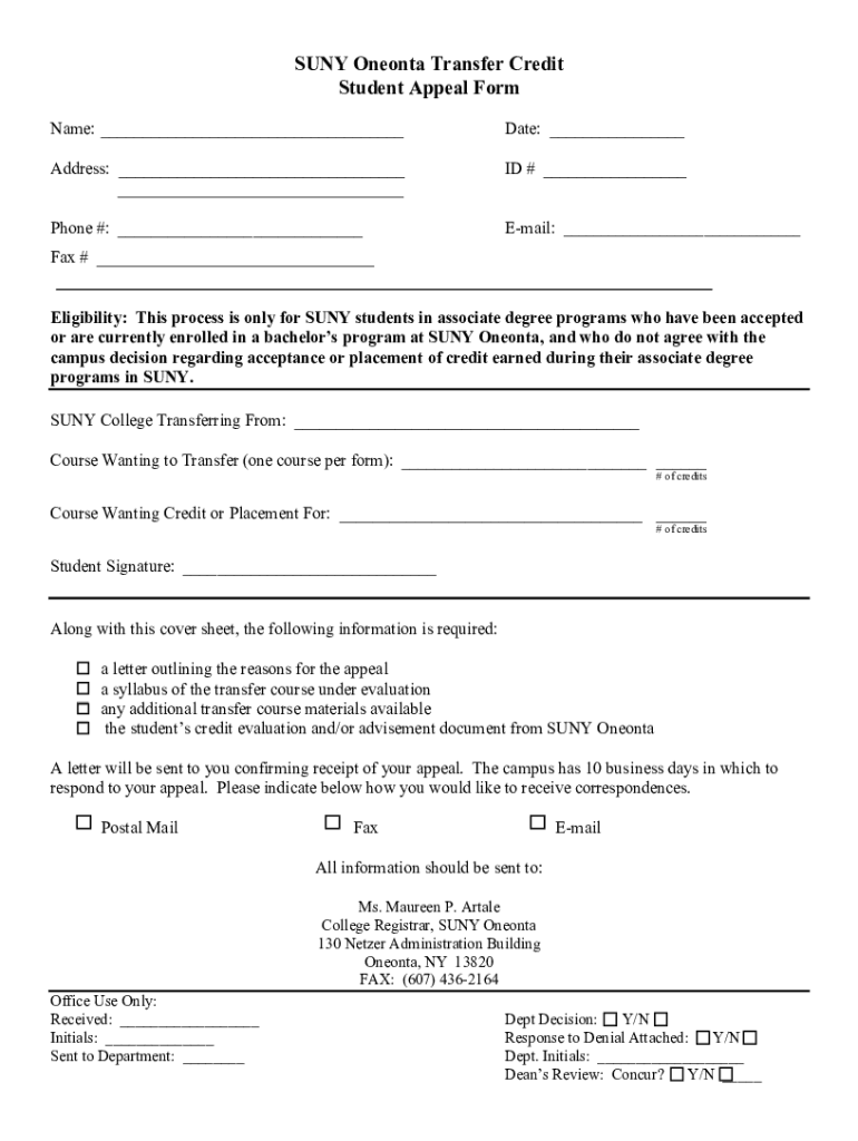 Fillable Online suny oneonta University Transfer Credit Appeals Form ...