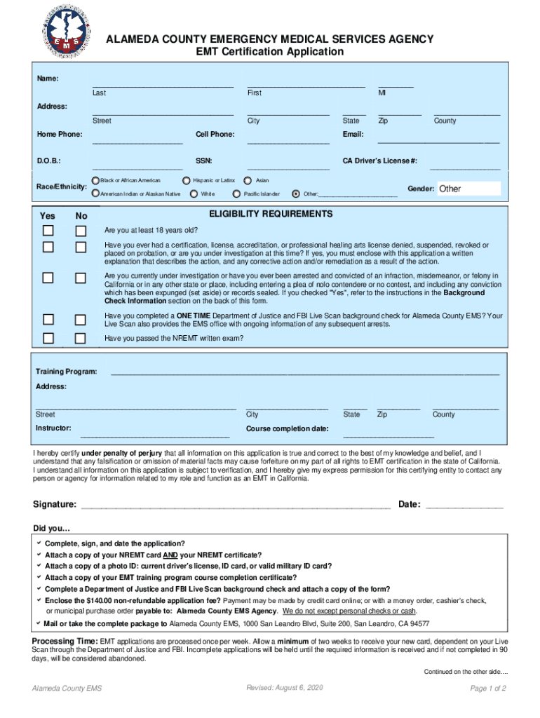 Fillable Online EMERGENCY MEDICAL TECHNICIAN (EMT) CERTIFICATE ... Fax ...