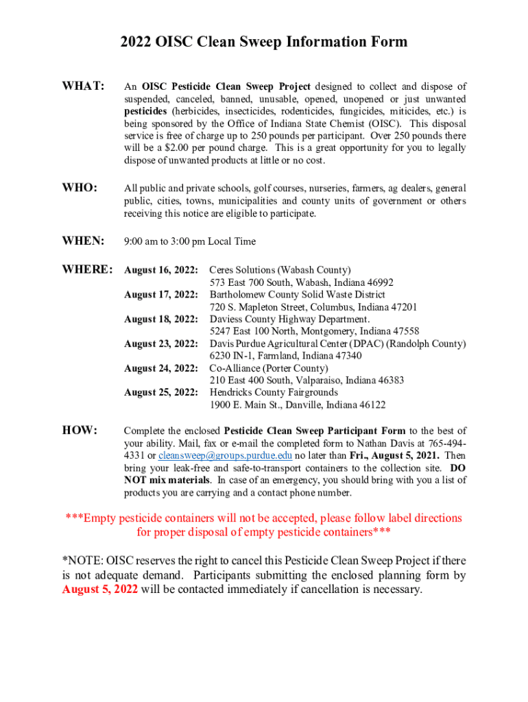 Fillable Online Pesticide Clean Sweep - WANE TV Calendar Fax Email ...