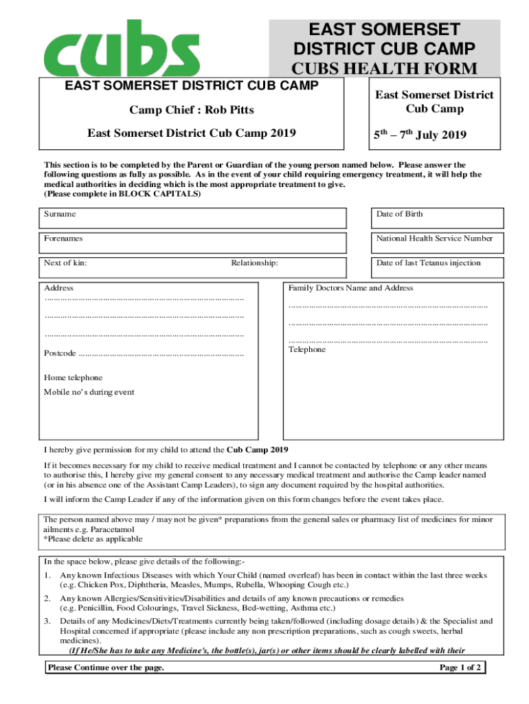Fillable Online East Somerset Cub Camp 2020 Risk Assessment Form ...