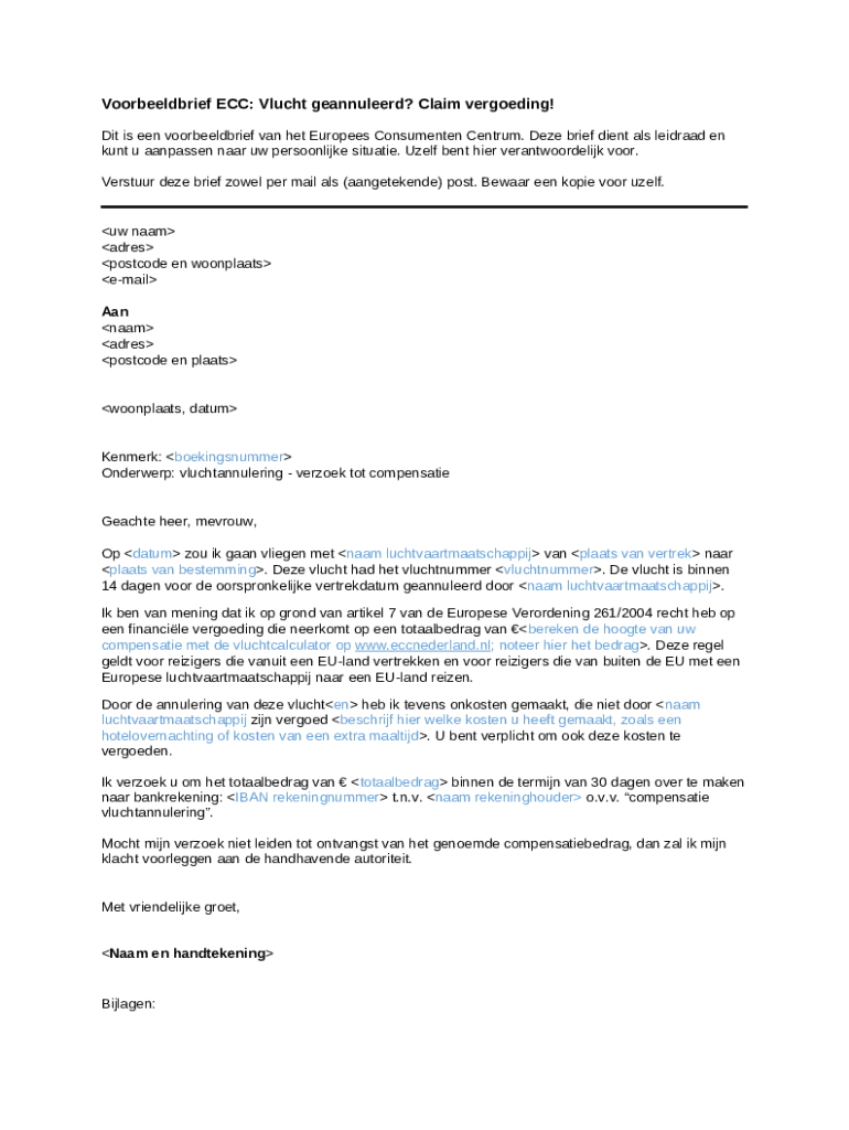 Gratis voorbeeldbrief claim vertraging vlucht Doc Template | pdfFiller