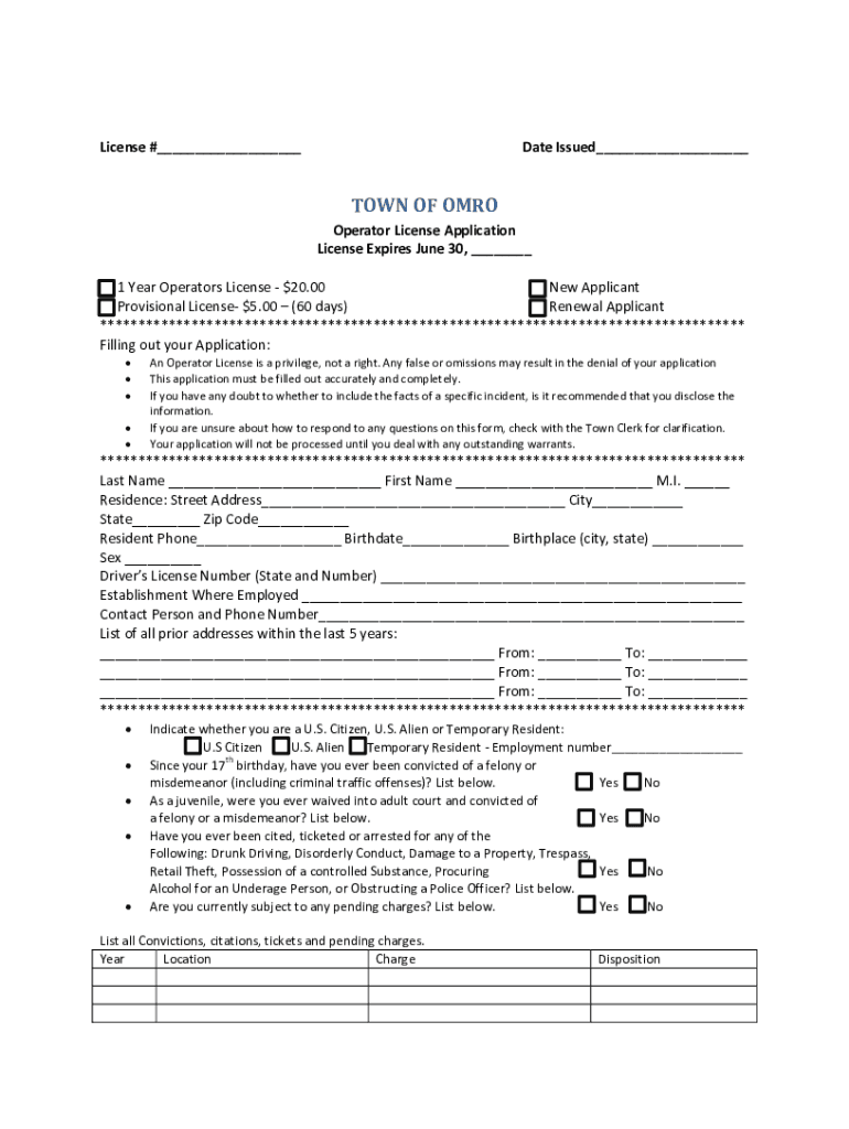 Fillable Online Operator License - Town of Omro Fax Email Print - pdfFiller
