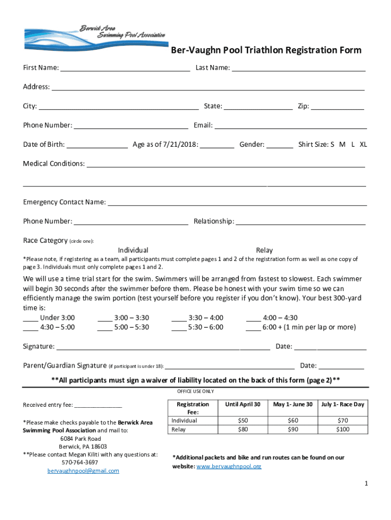 Fillable Online Ber-Vaughn Pool Triathlon Registration Form Fax Email ...