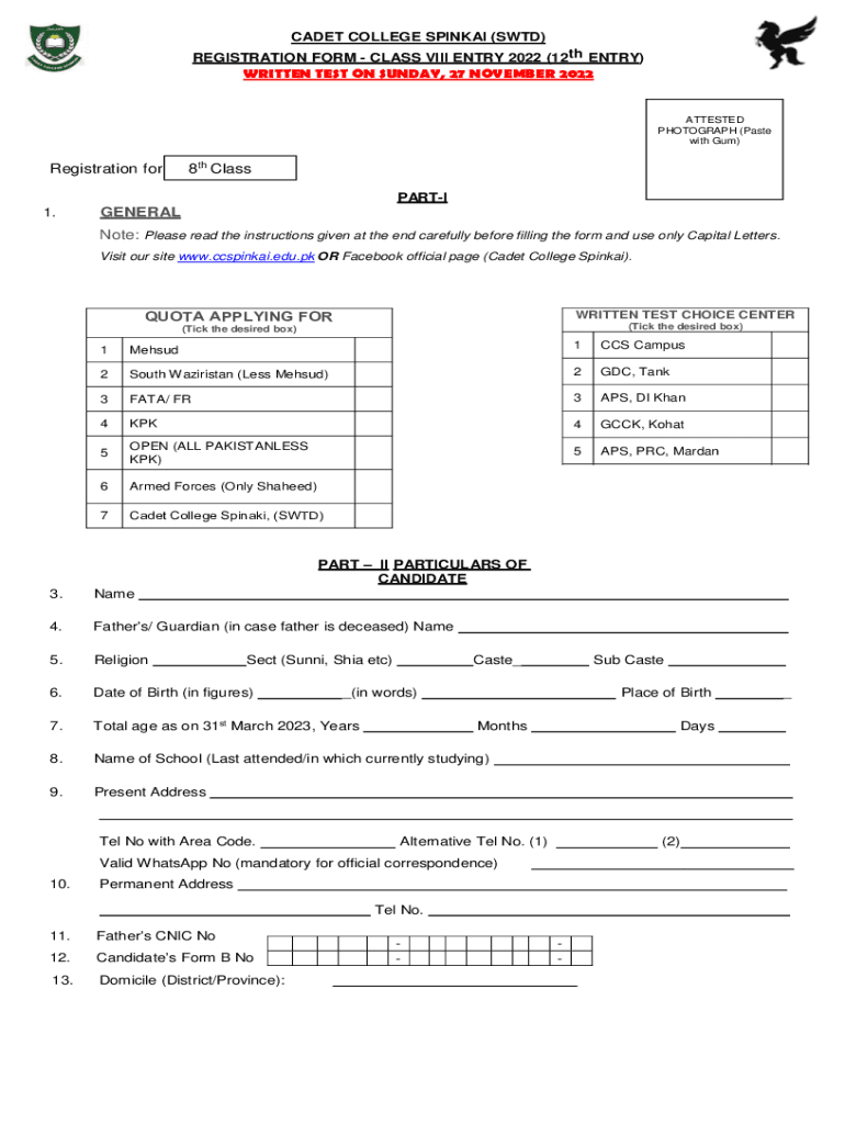 Fillable Online CADET COLLEGE SPINKAI REGISTRATION FORM Fax Email Print ...