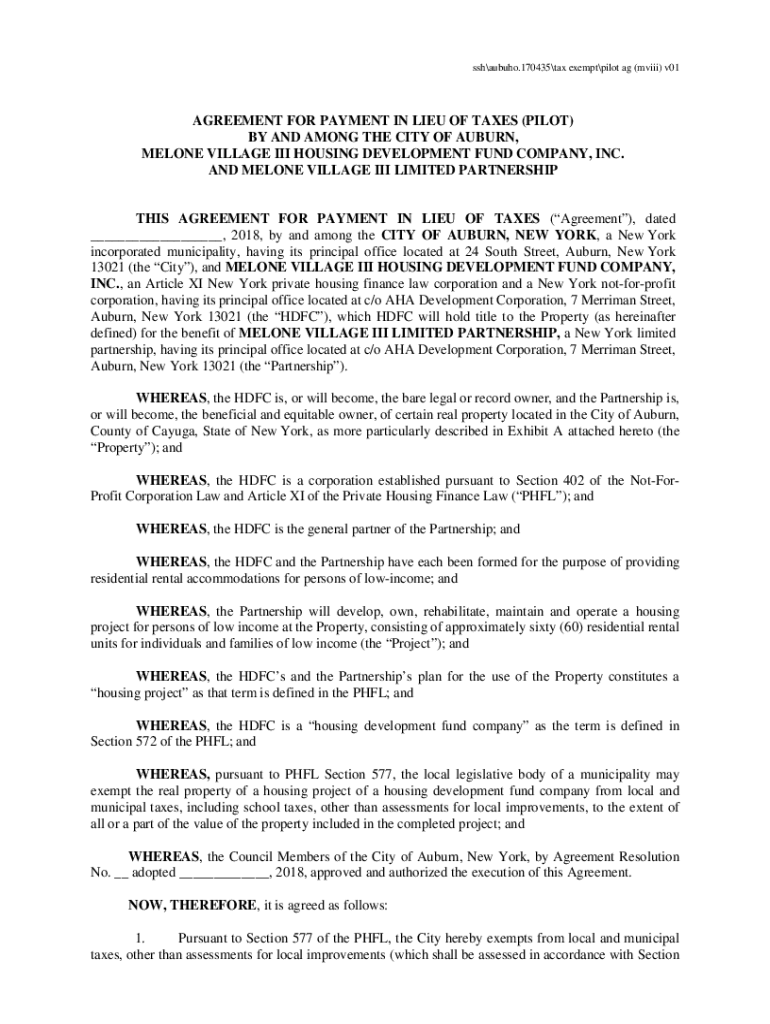 Fillable Online AGREEMENT FOR PAYMENT IN LIEU OF TAXES (PILOT) Fax ...