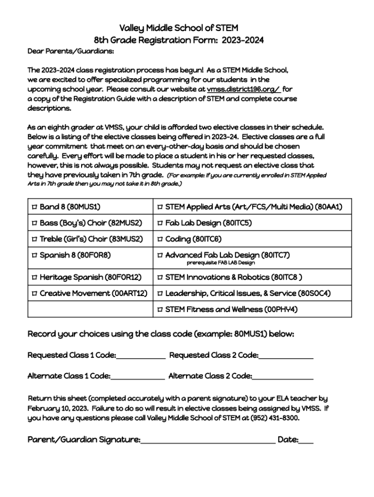 Fillable Online Valley Middle School of STEM 8th Grade Registration Form: 2023 ... Fax Email ...
