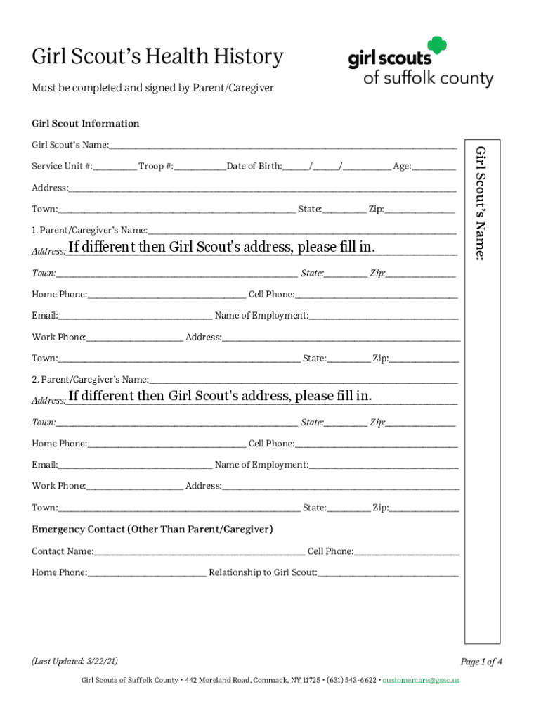 Fillable Online Girl Scout's Health History. Girl Scout's Health ...
