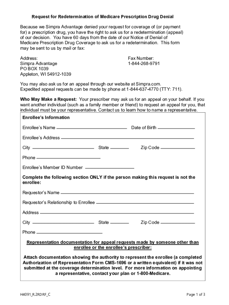 Fillable Online Drug Plan Appeals Level 1: Redetermination from your ...