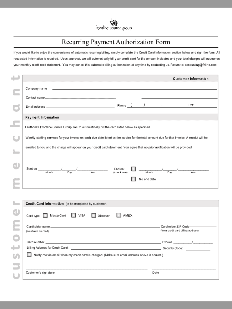 Fillable Online Free Recurring Credit Card Authorization Form - PDF - eForms Fax Email Print ...