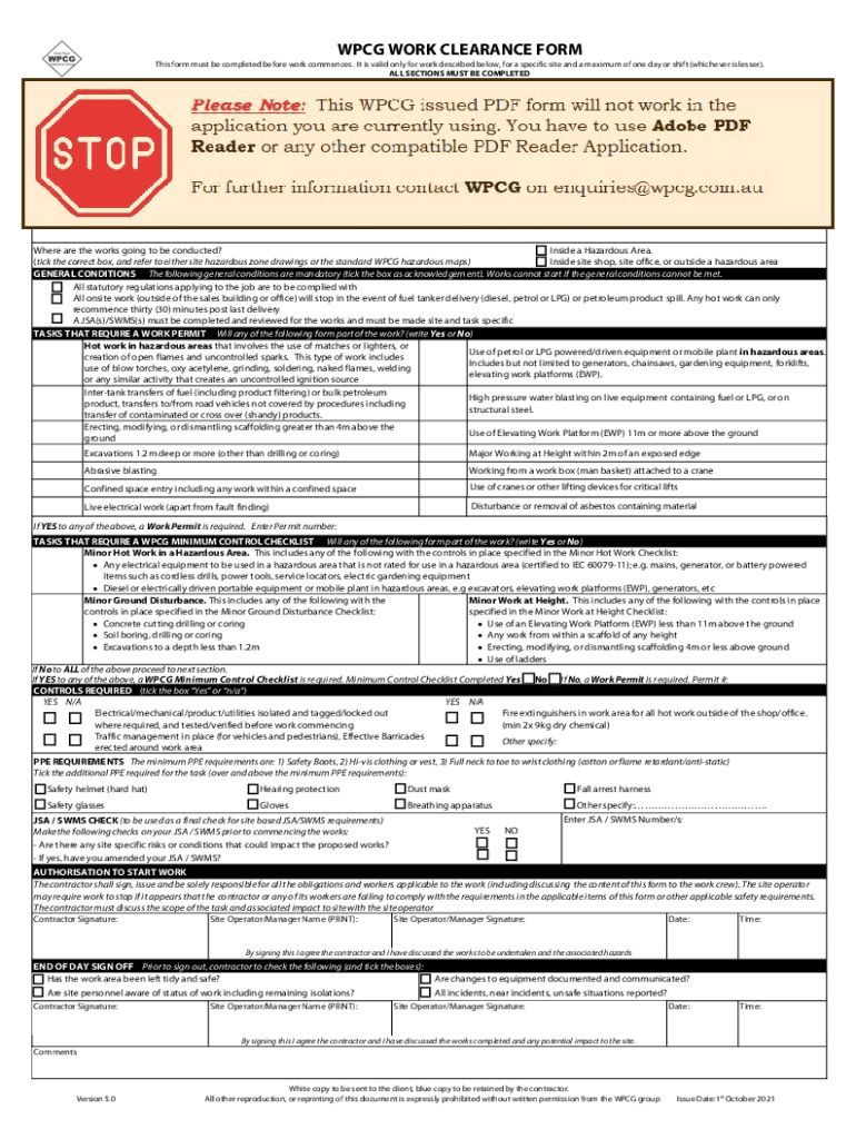Fillable Online WPCG Work Clearance Form Fax Email Print - pdfFiller
