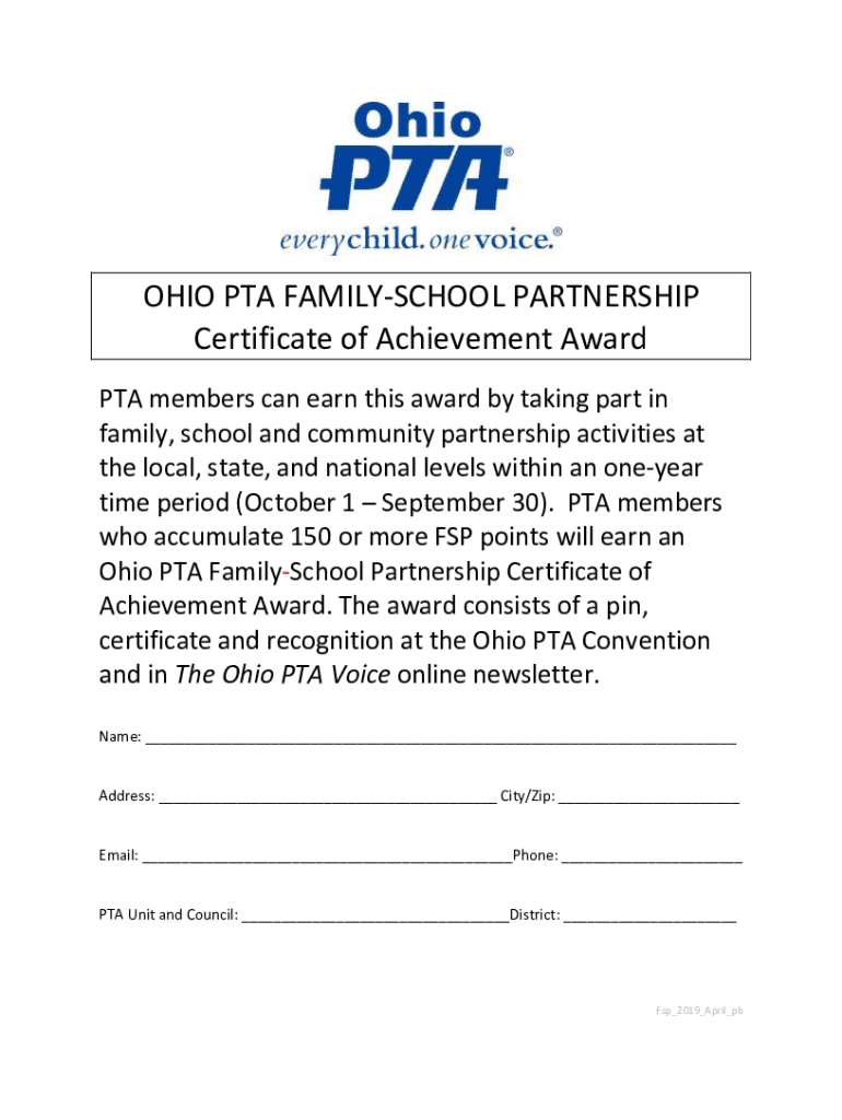 Fillable Online OHIO PTA FAMILY-SCHOOL PARTNERSHIP Certificate of Fax Email Print - pdfFiller