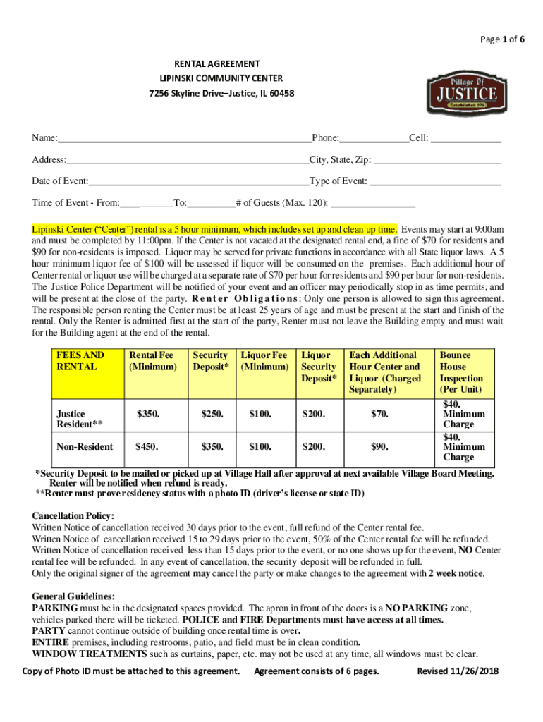 Fillable Online RENTAL AGREEMENT LIPINSKI COMMUNITY CENTER ... Fax ...