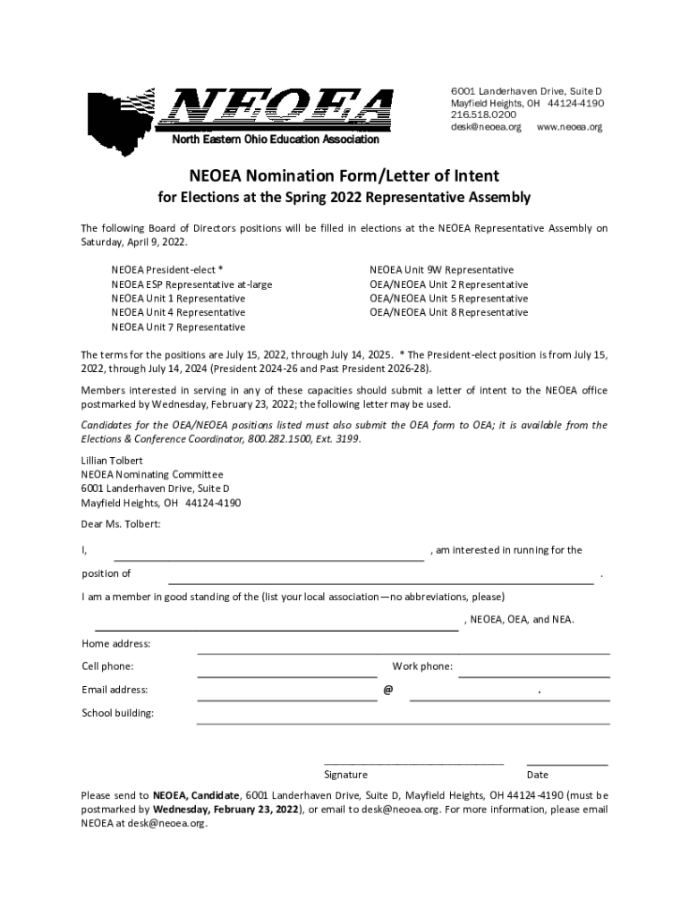 Fillable Online NEOEA Nomination Form/Letter of Intent Fax Email Print ...